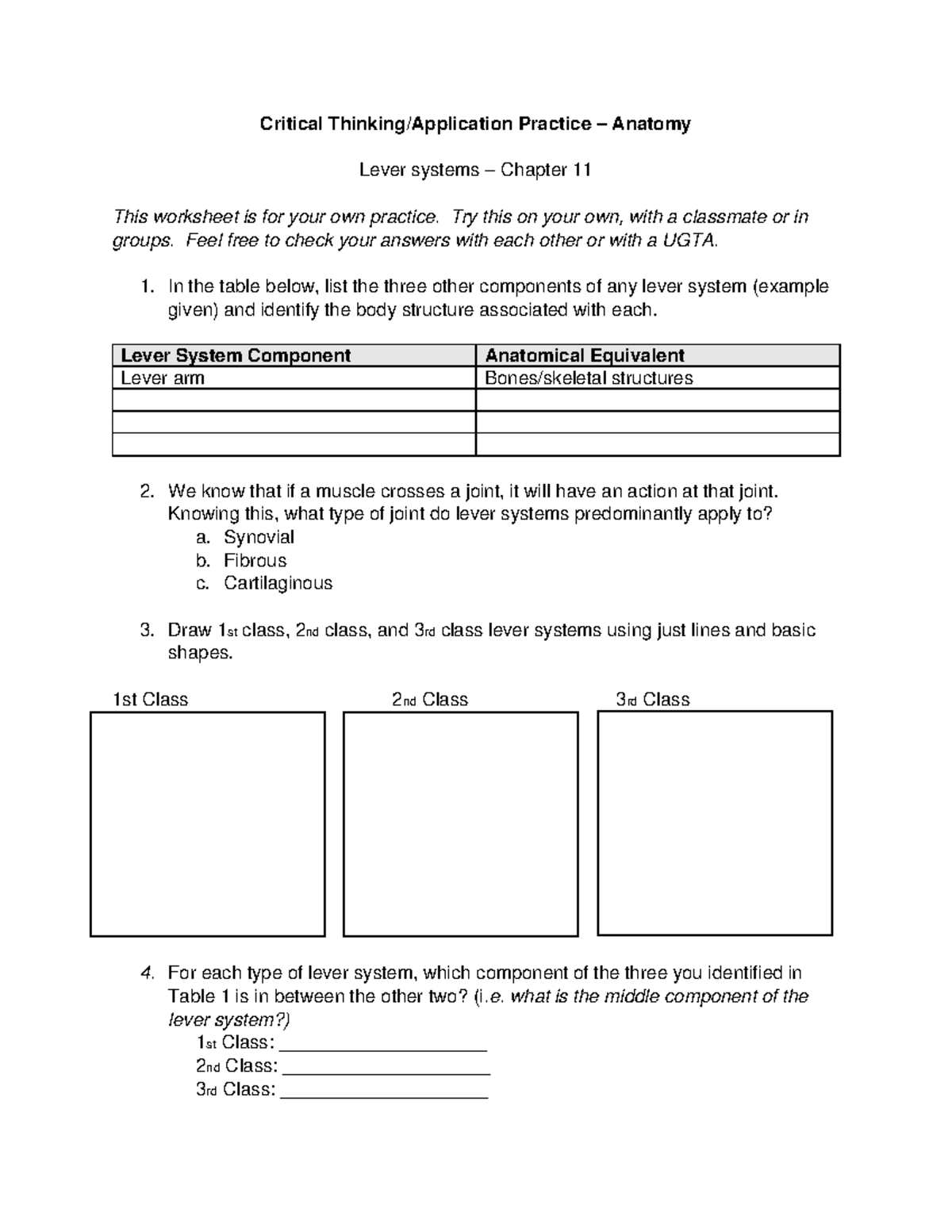 APK2100c - Ch. 11 Lever Systems Worksheet - Critical Thinking ...