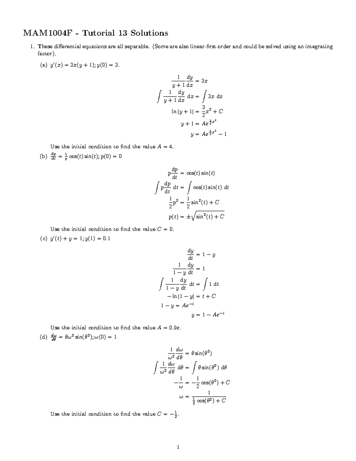 Tutorial 13 solutions - MAM1004F - Tutorial 13 Solutions These ...