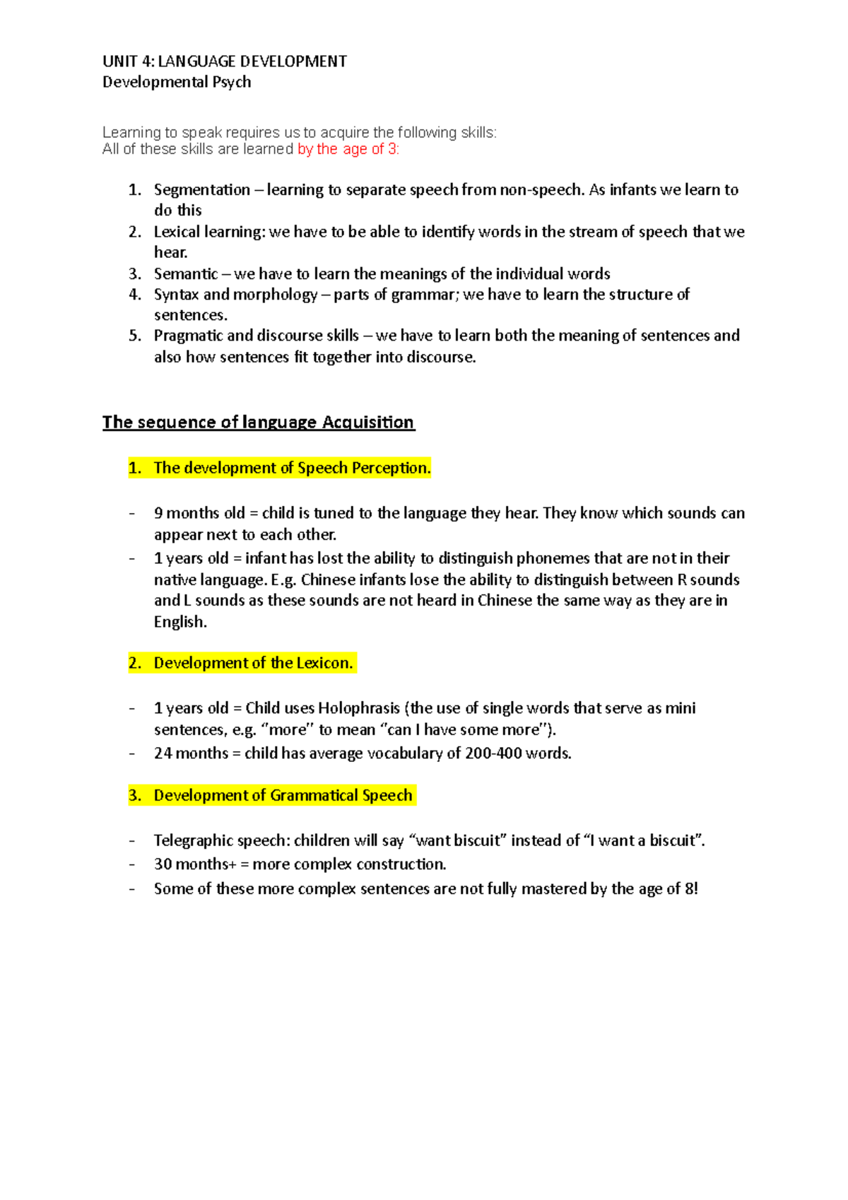 UNIT 4 - Lecture notes 4 - UNIT 4: LANGUAGE DEVELOPMENT Developmental ...