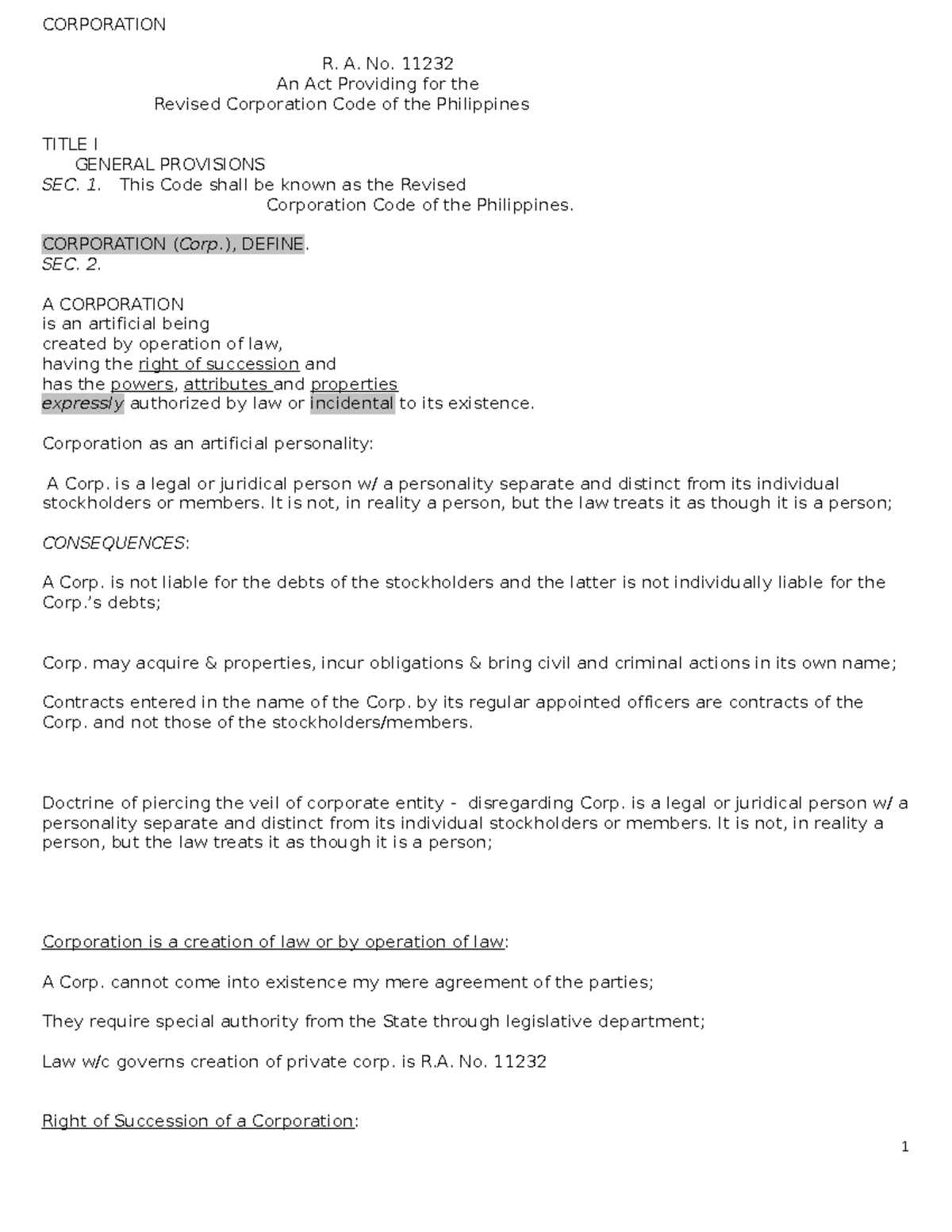 Assign in the field - CORPORATION R. A. No. 11232 An Act Providing for ...