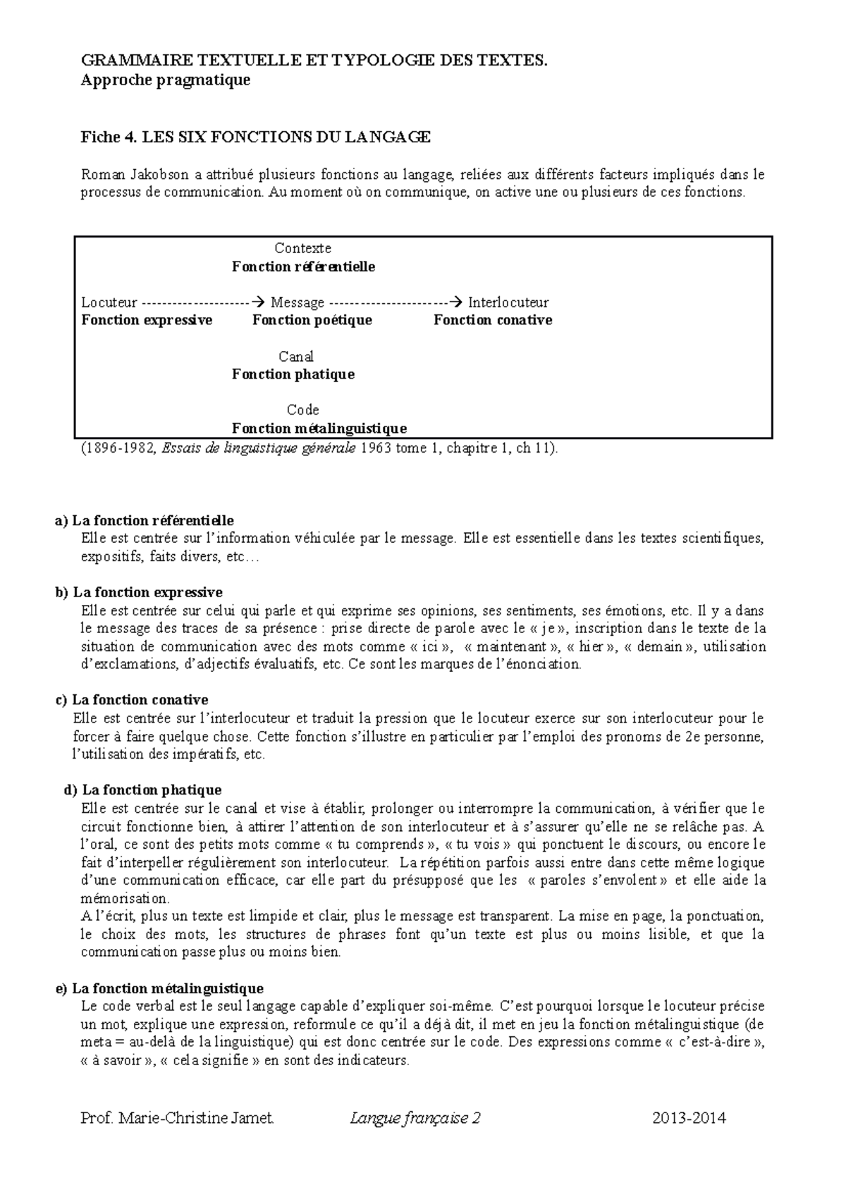 Appunti, les six fonctions du langage - Lingua francese 2 - a.a 2015/ ...
