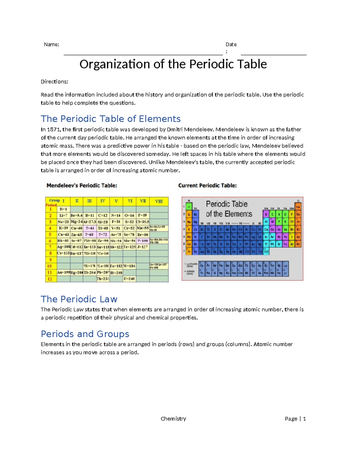 U3L2Organizationofthe Periodic Table - Name: Date : Organization of the ...