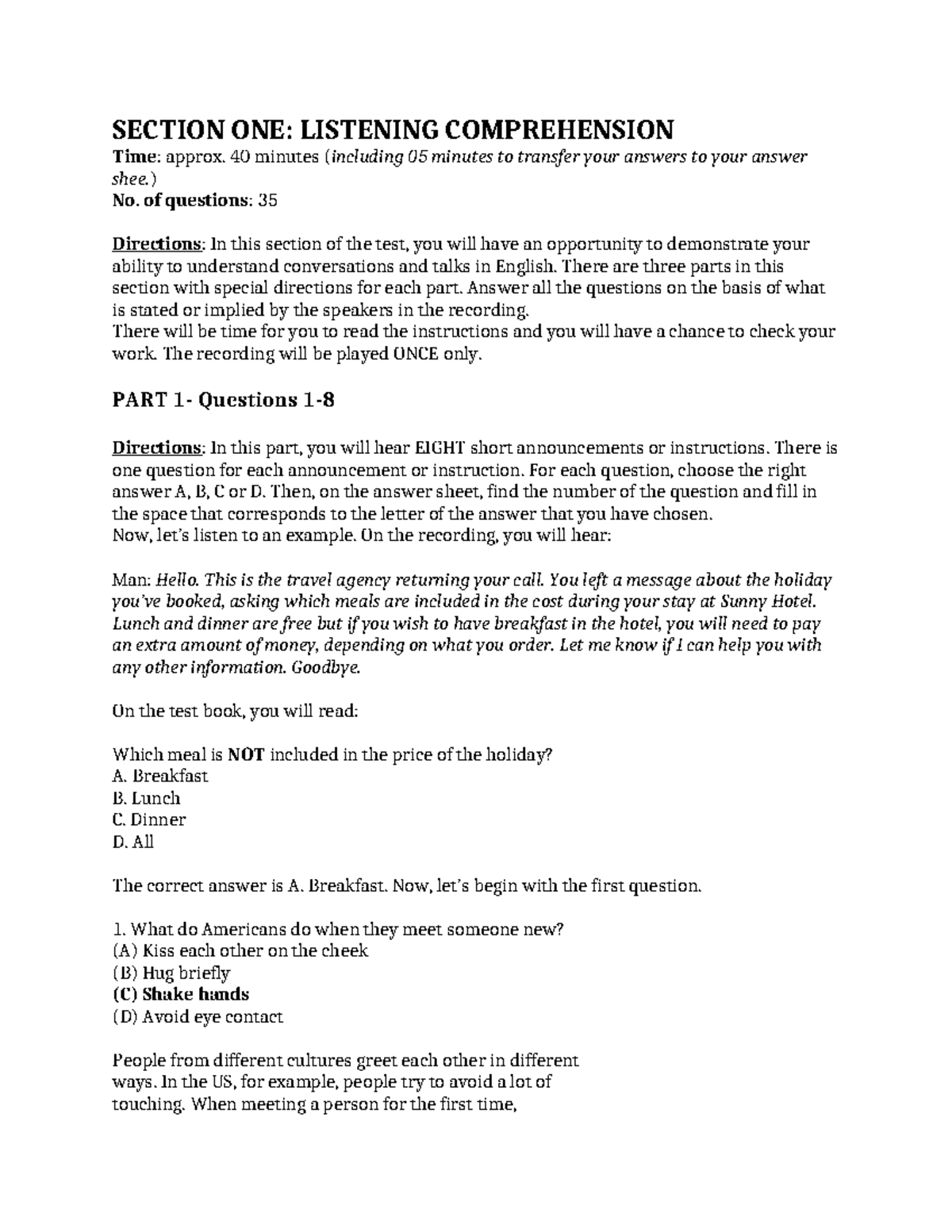 Listening AK - SECTION ONE: LISTENING COMPREHENSION Time: approx. 40 ...