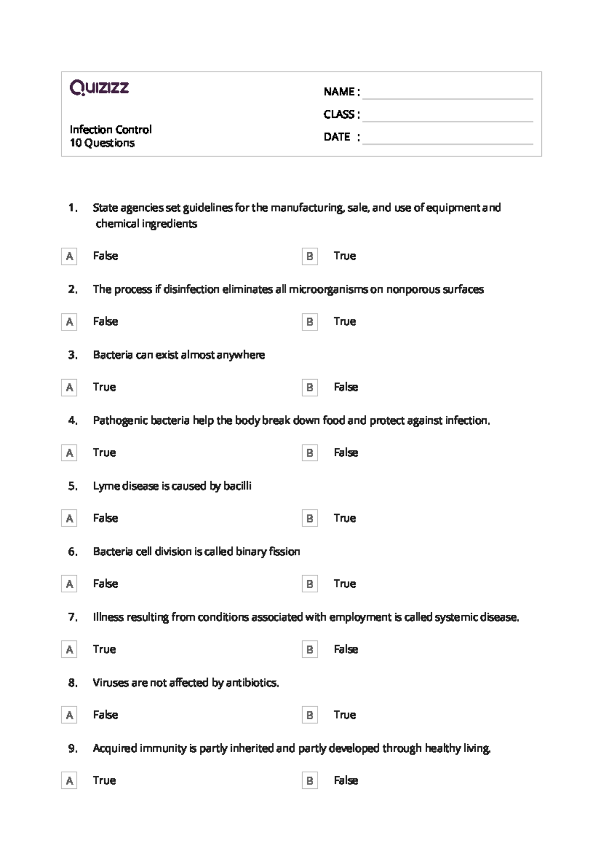 Quizz of Infection Control - Infection 10 Questions Control NAME ...