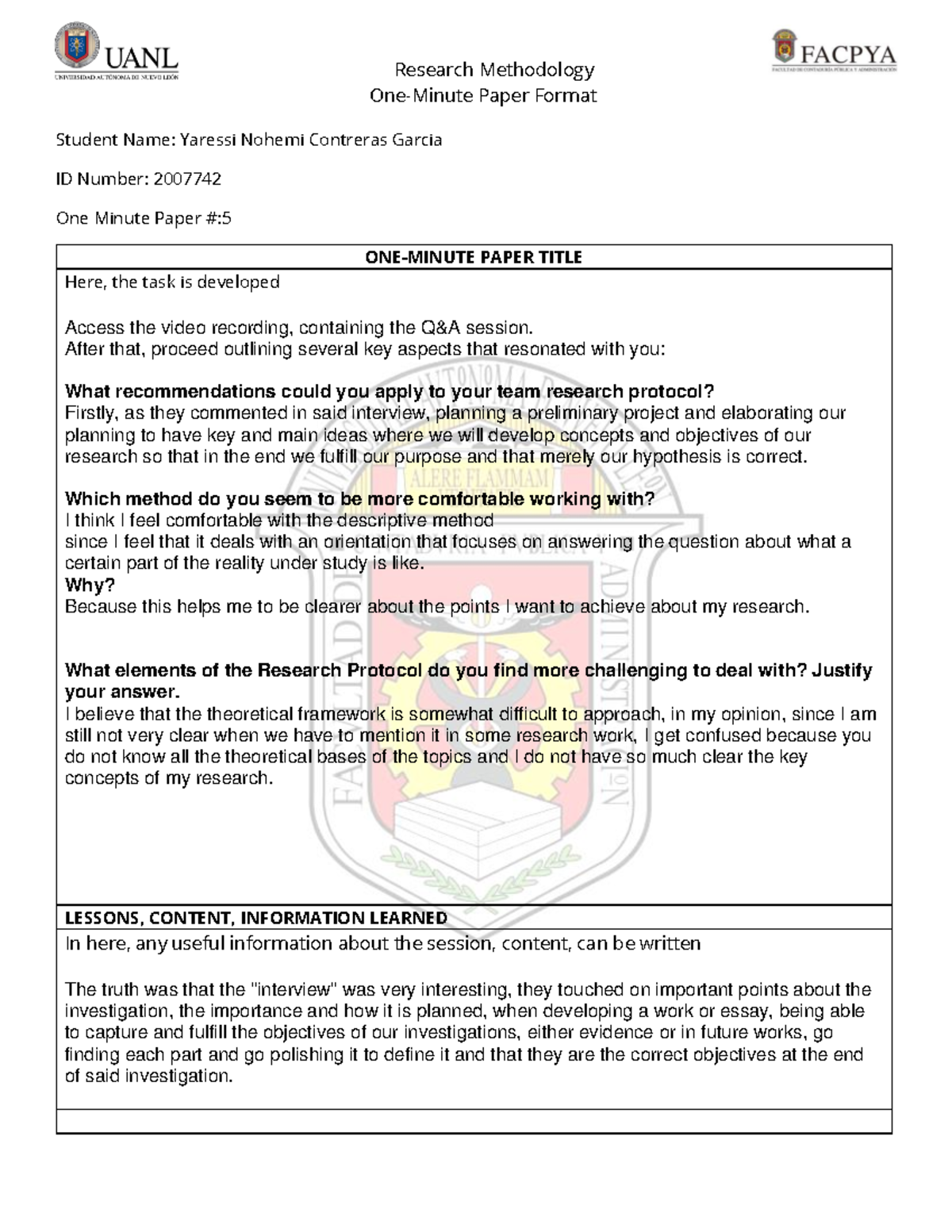 OMP #5 - OMP - Research Methodology One-Minute Paper Format Student ...