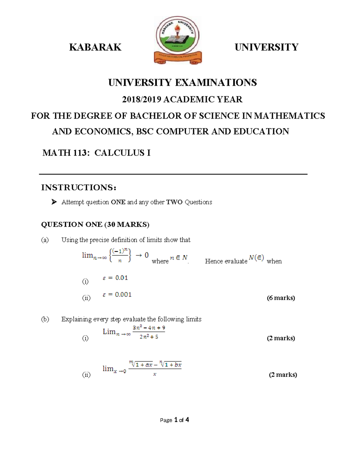 MATH 113 - Calculus I - KABARAK UNIVERSITY UNIVERSITY EXAMINATIONS 2018 ...