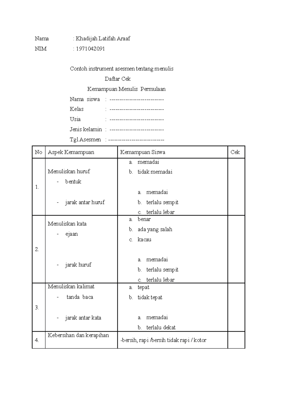 Contoh Asesmen Kesulitan Belajar (Menulis) - Nama : Khadijah Latifah ...