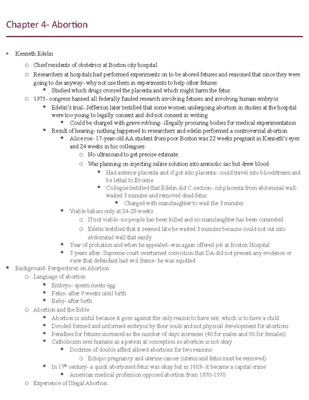 Chapter 4 - Lecture notes 4 - Chapter 4- Abortion Kenneth Edelin o ...