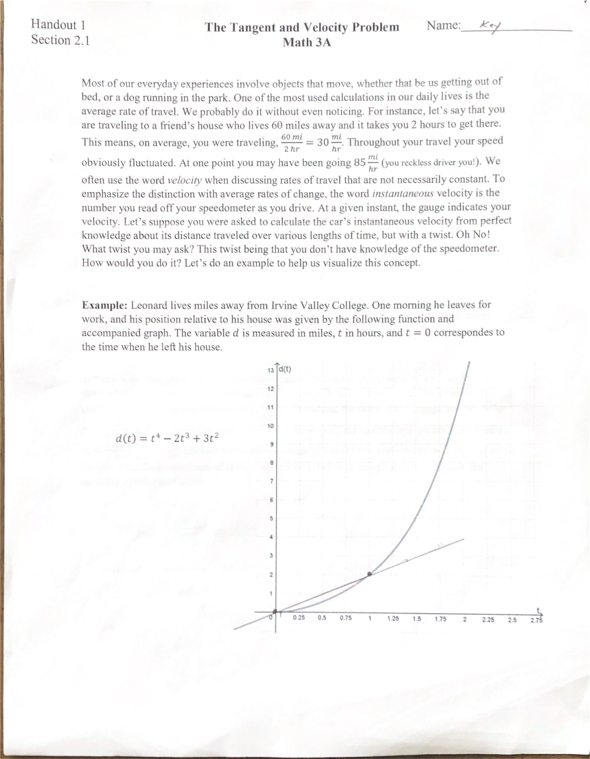 Math 3a Handout 1 Solutions - Handout The Tangent And Velocity Problem 