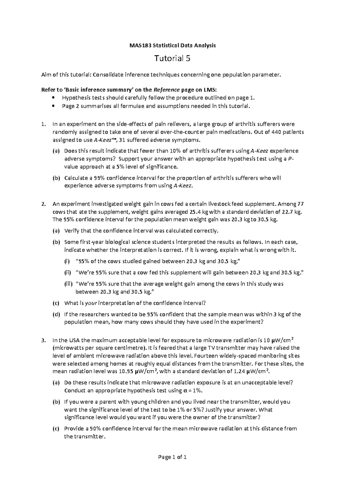 Tut 5 Page 1 Of 1 Mas183 Statistical Data Analysis Tutorial 5 Aim Of This