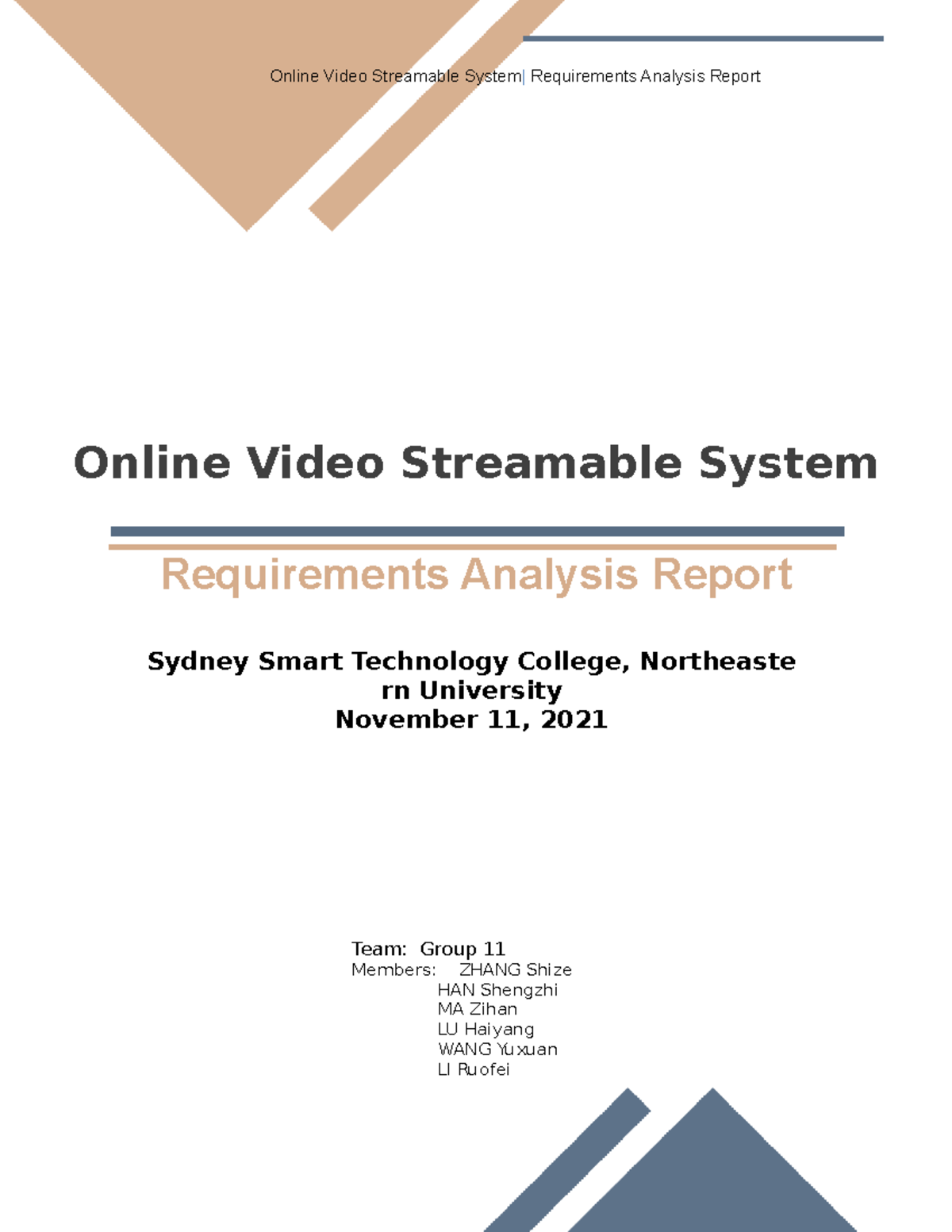 Requirements Analysis Report1.docx - Sydney Smart Technology College, Northeaste rn University ...