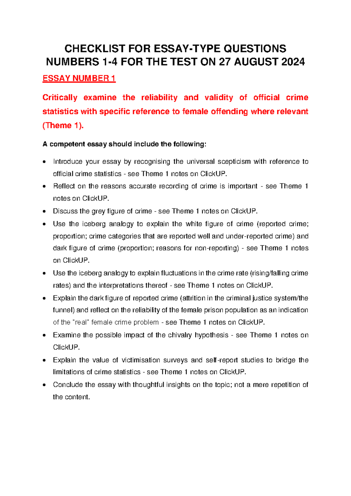 2024 KRM 320 Checklist FOR ALL Essay-TYPE Questions - CHECKLIST FOR ...