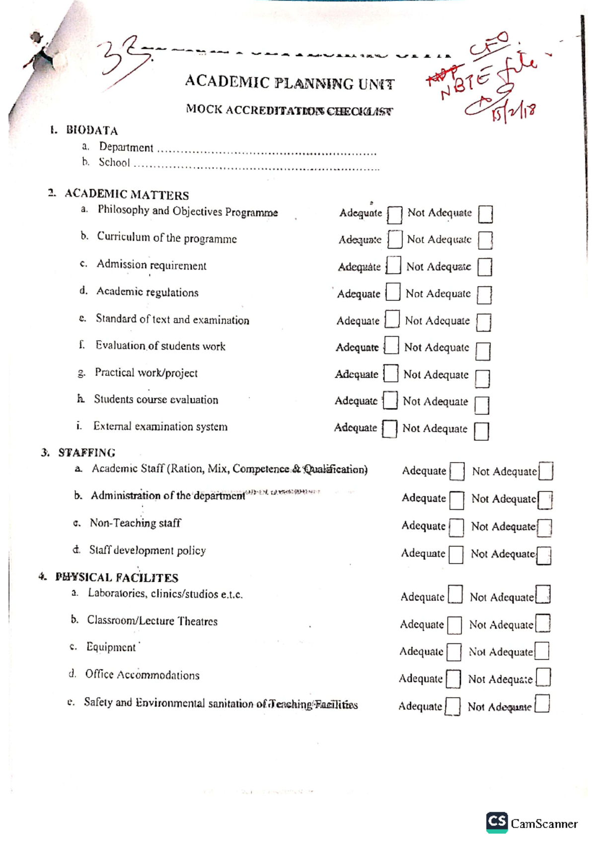 Mock Accreditation Checklist - 33. CFO ACADEMIC PLANNING UNIT ...