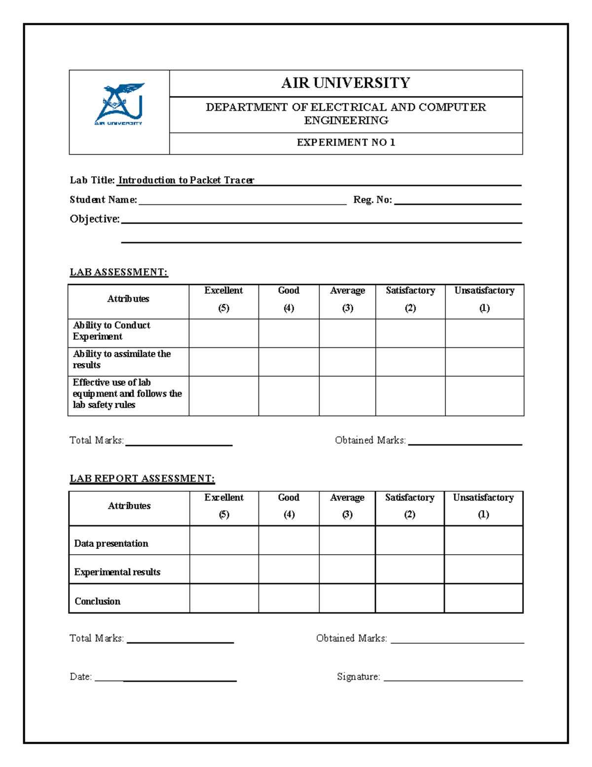Computer Networks Lab 1 (Introduction to Packet Tracer) - AIR UNIVERSITY DEPARTMENT OF ...