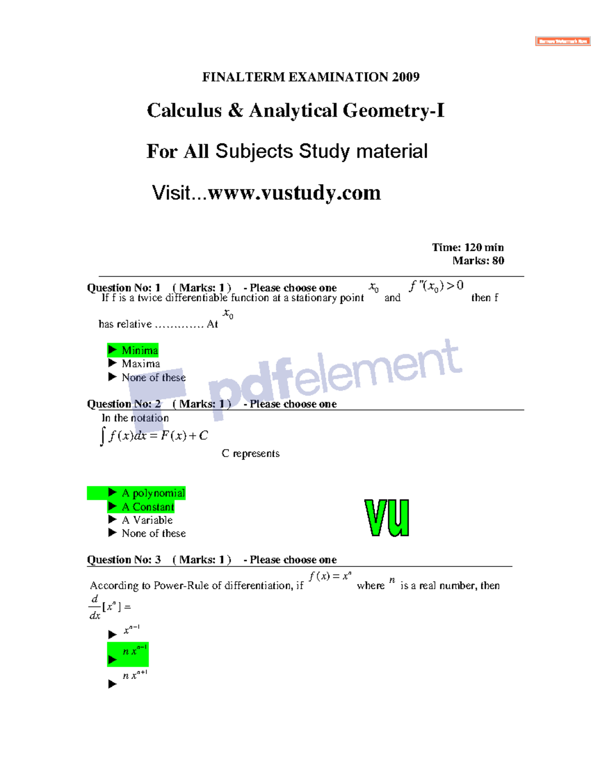 mth final papers - FINALTERM EXAMINATION 2009 Calculus & Analytical ...