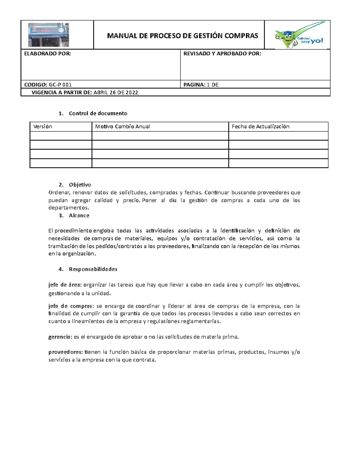 Manual de procedimiento gestión de compras - ELABORADO POR: REVISADO Y ...