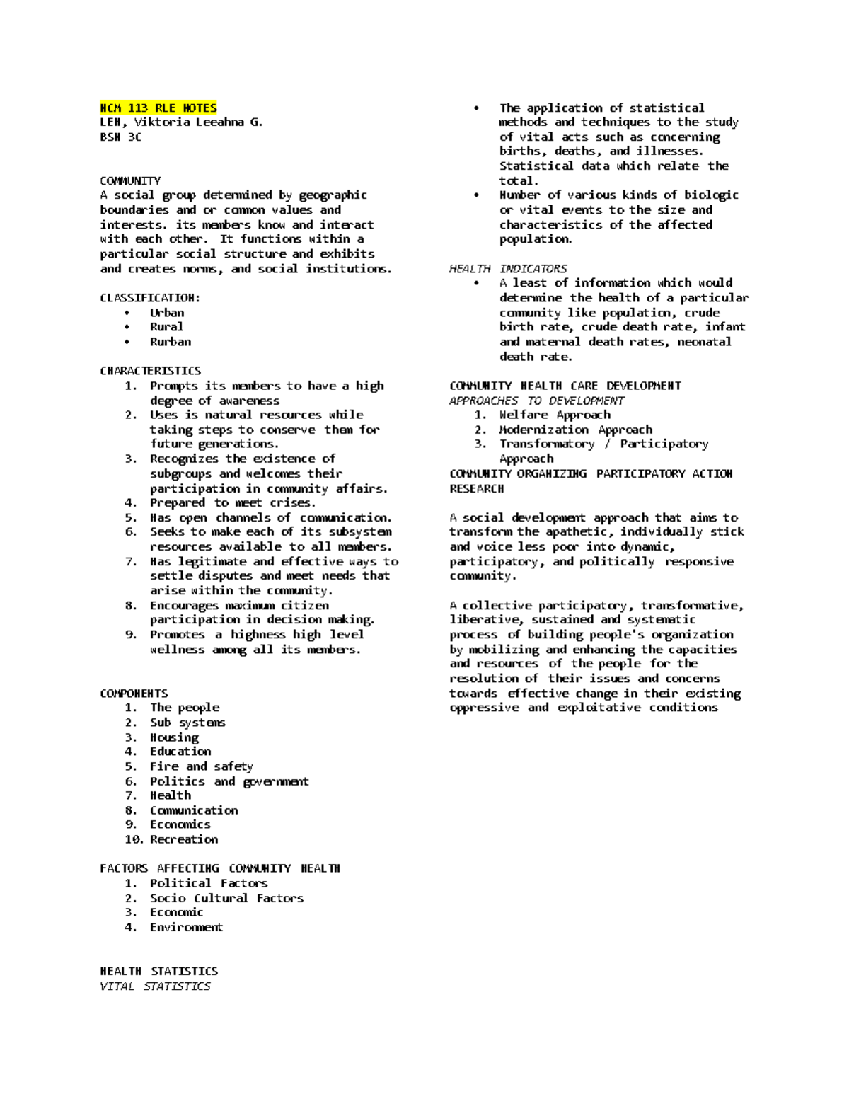 NCM 113 RLE Notes - NCM 113 RLE NOTES LEH, Viktoria Leeahna G. BSN 3C ...