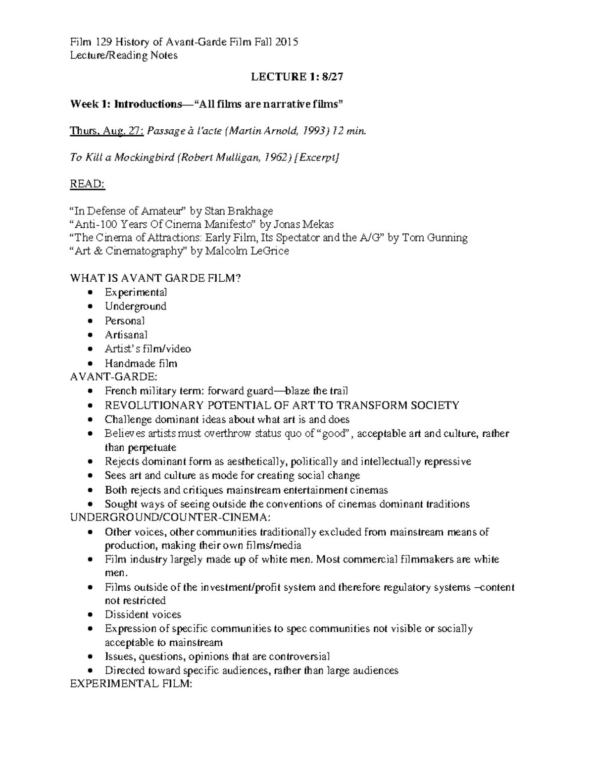 Film 129 Ag Notes Lectures 1 - 7 (Pre Midterm) - Film 129 History of ...