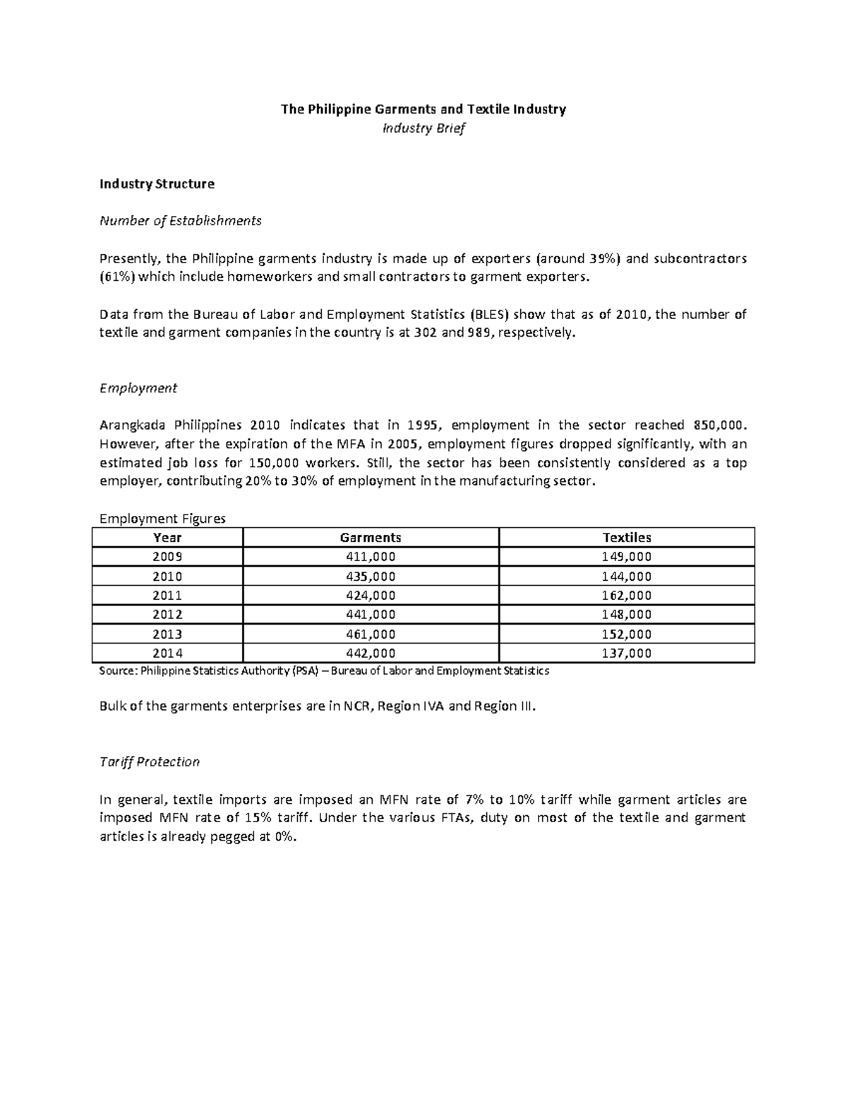 Garments and Textile Industry Brief - The Philippine Garments and ...