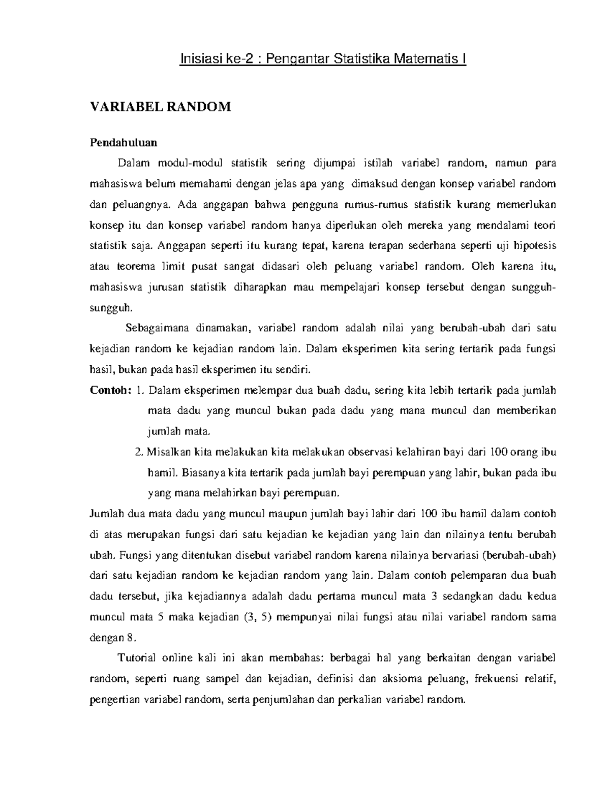 Materi Inisiasi 2 Variabel Random - Inisiasi ke-2 : Pengantar ...