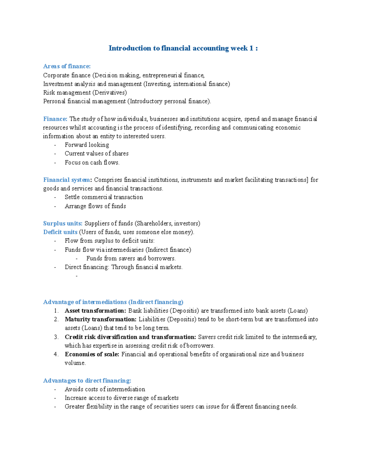 Principles of finance - Introduction to financial accounting week 1 ...