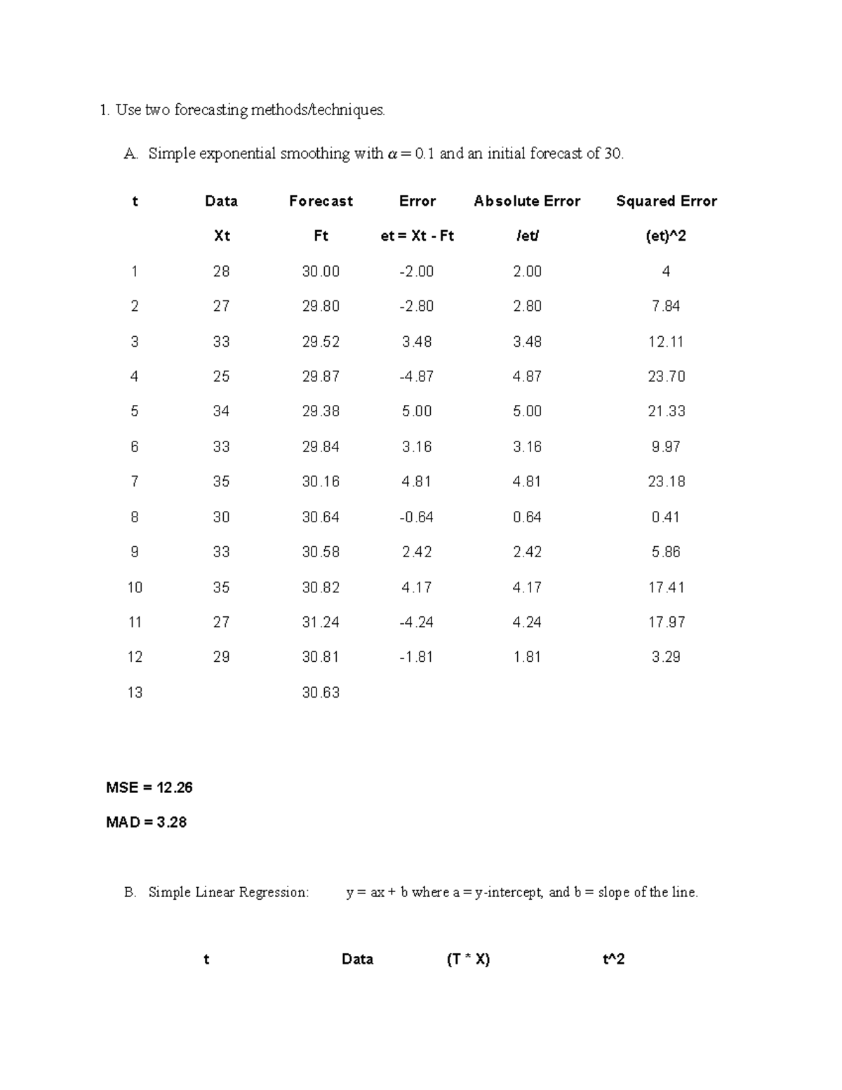Forecasting Simple Exponential Smoothing And Simple Linear Regression 1 Use Two Forecasting