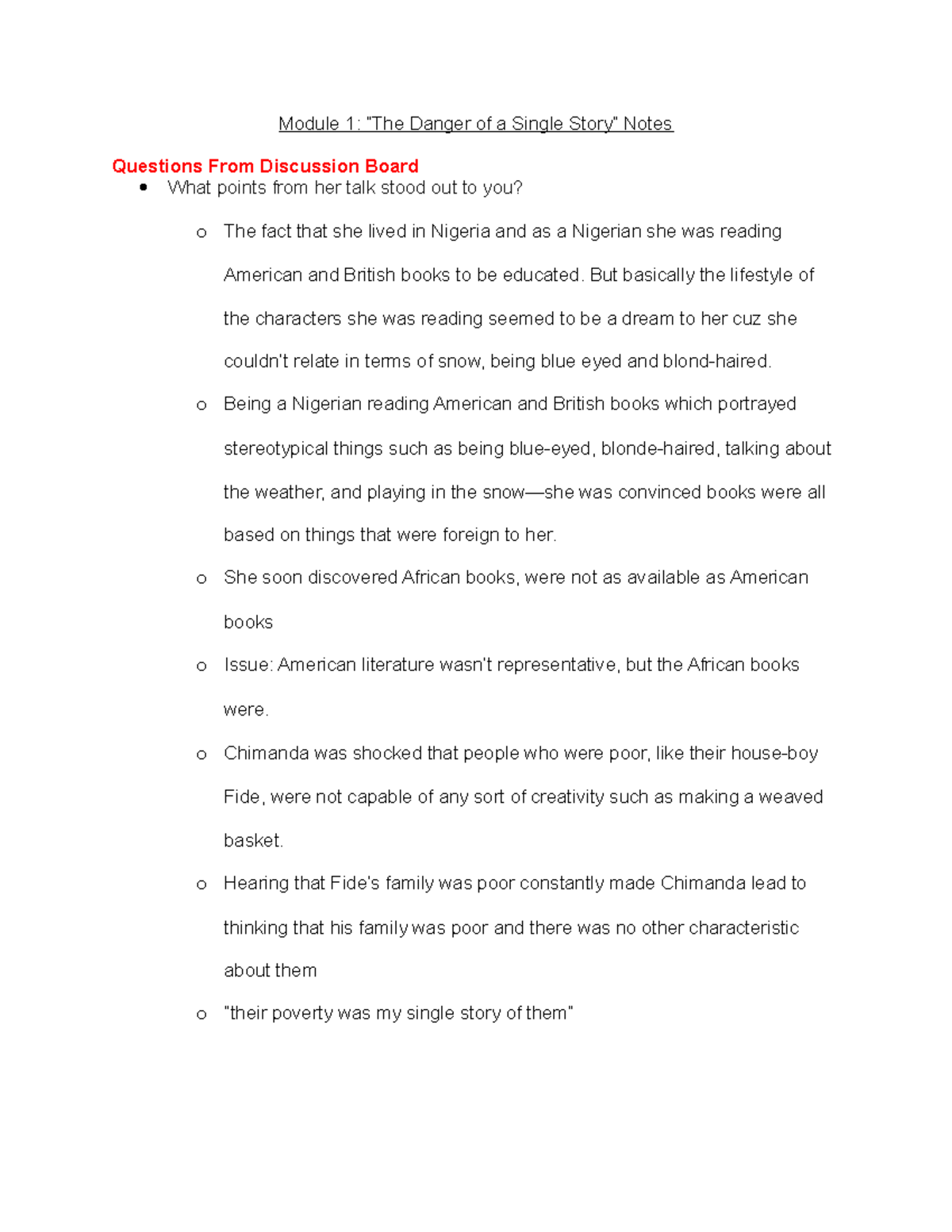 Module 1 Notes - Module 1: “The Danger of a Single Story” Notes ...