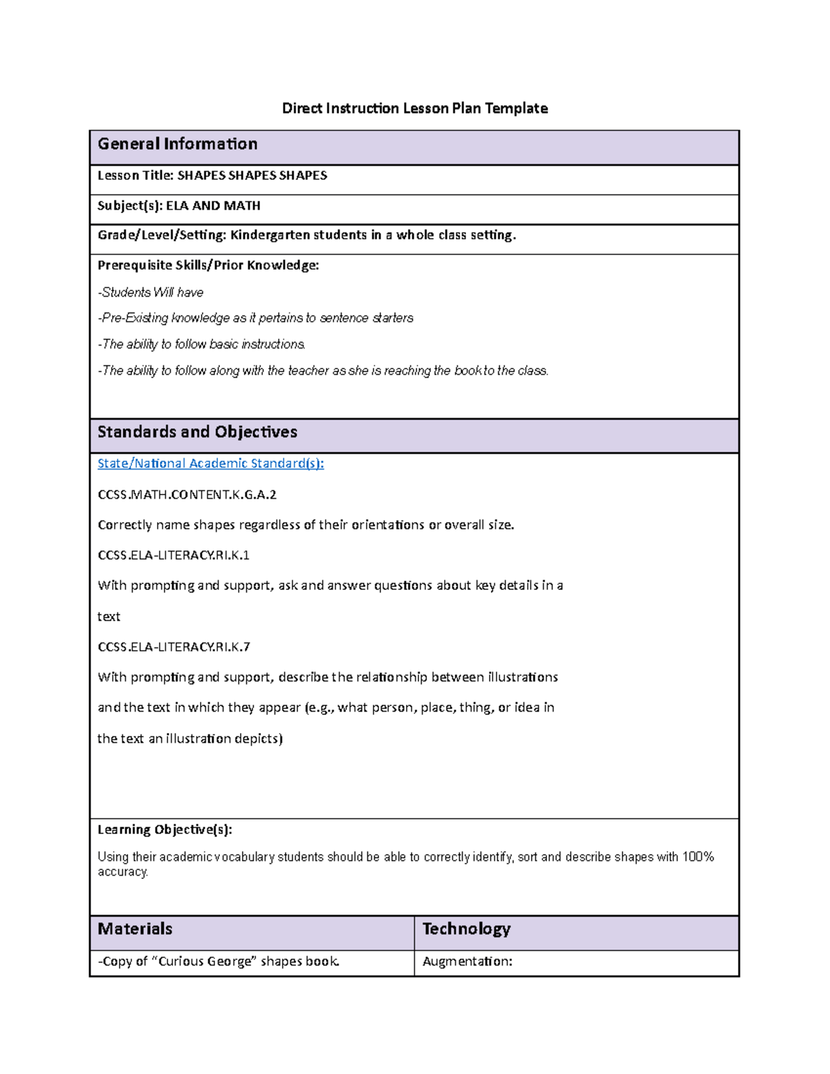 Laura Tullar D164 Task 1 - Direct Instruction Lesson Plan Template General Information Lesson ...