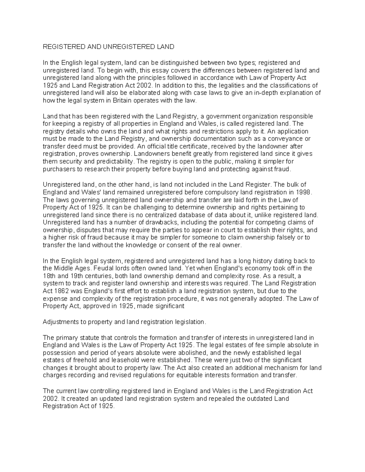 Registered And Unregistered Land Registered And Unregistered Land In