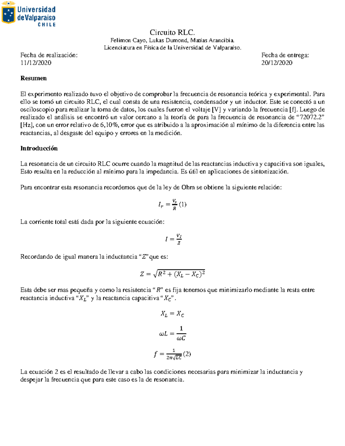 Circuito RLC carga y descarga del condensador - Física I - Universidad ...