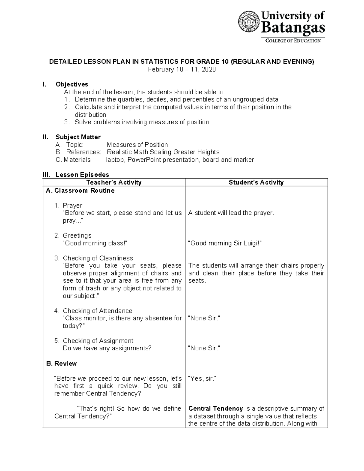 450938951 Measures of Position DLP ungrouped Data - DETAILED LESSON PLAN IN STATISTICS FOR GRADE ...