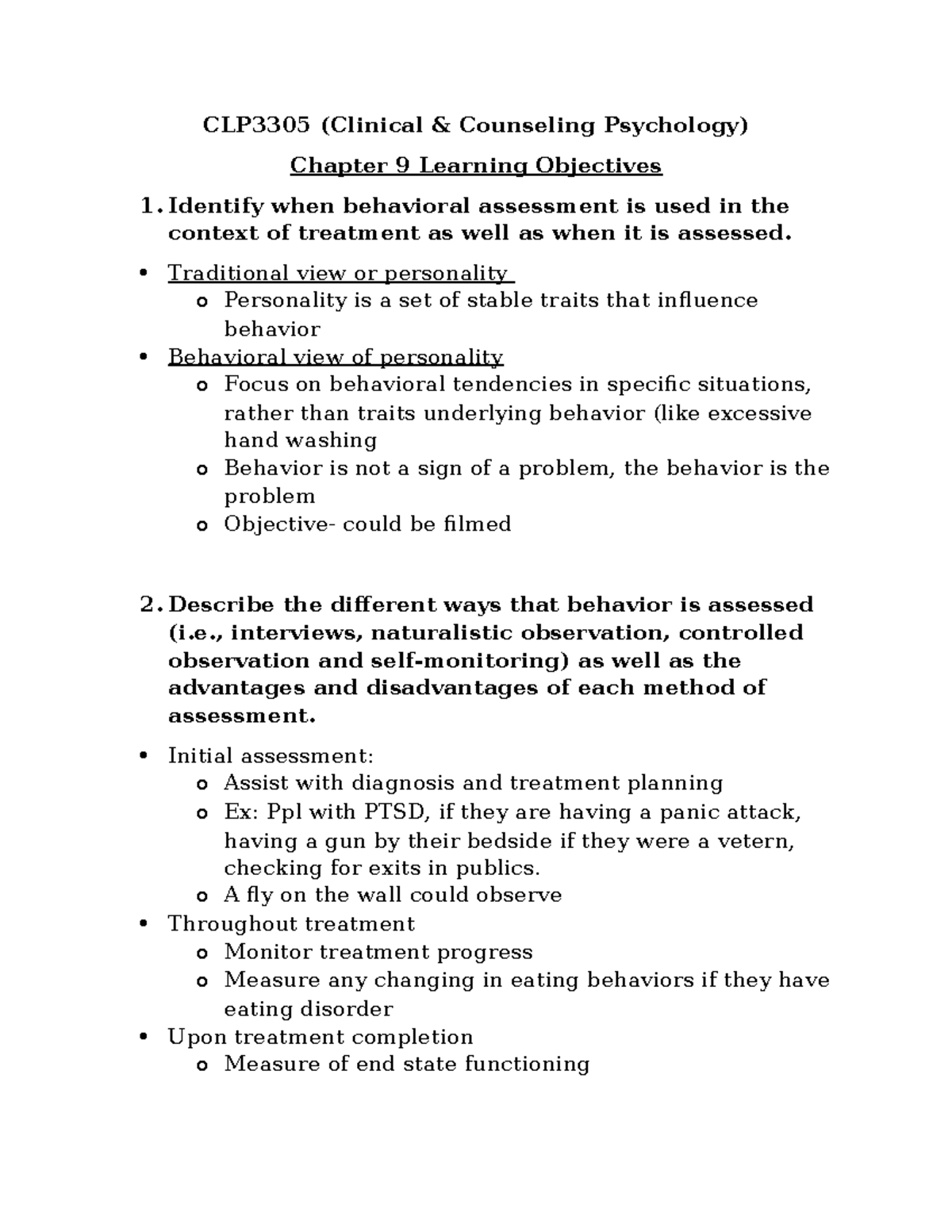 Chapter 9 Learning Objectives clincial - CLP3305 (Clinical & Counseling ...