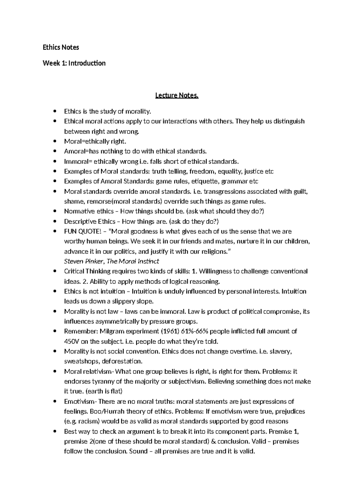 Week 1 - Introduction - summary on week 1 work - Ethics Notes Week 1 ...