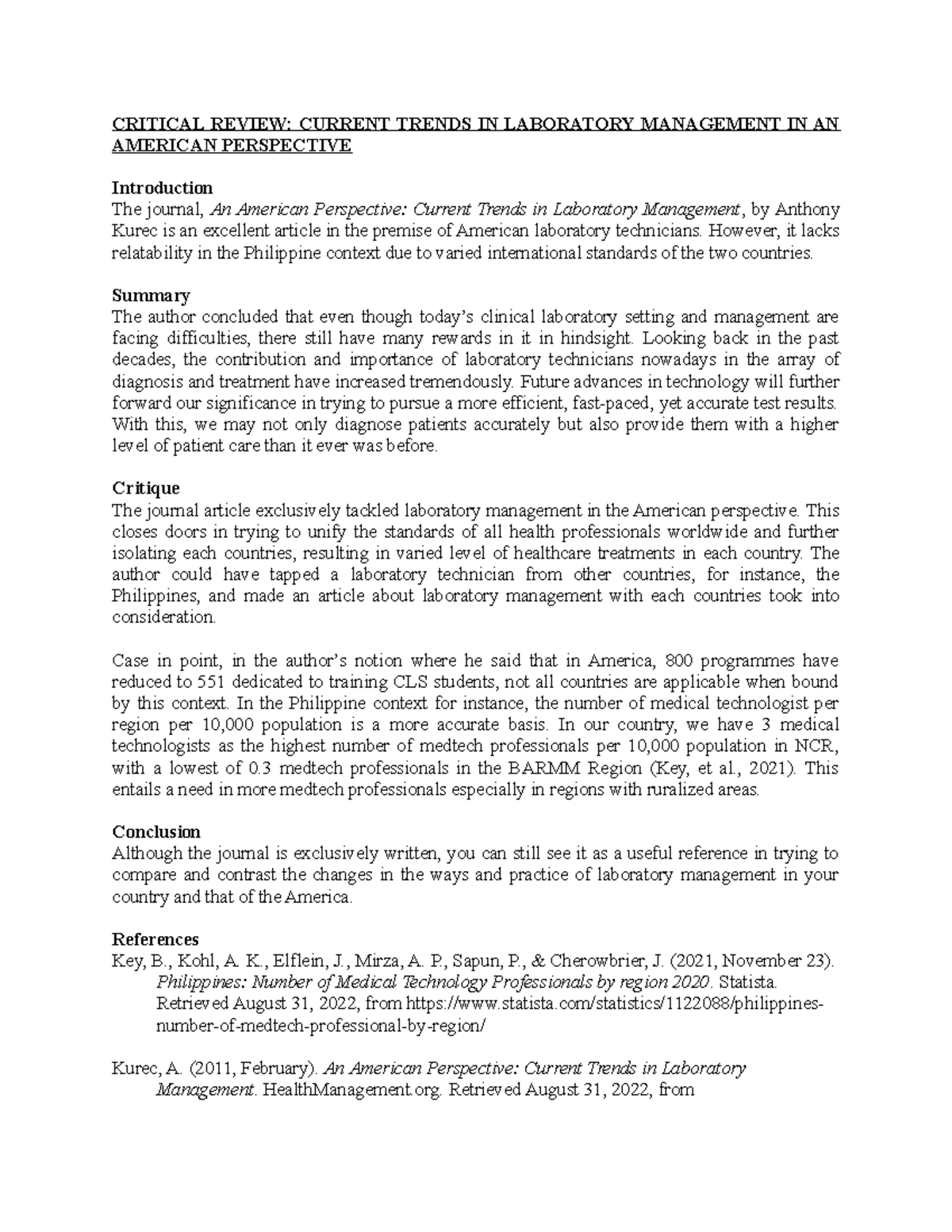 Critical Review - CRITICAL REVIEW: CURRENT TRENDS IN LABORATORY ...