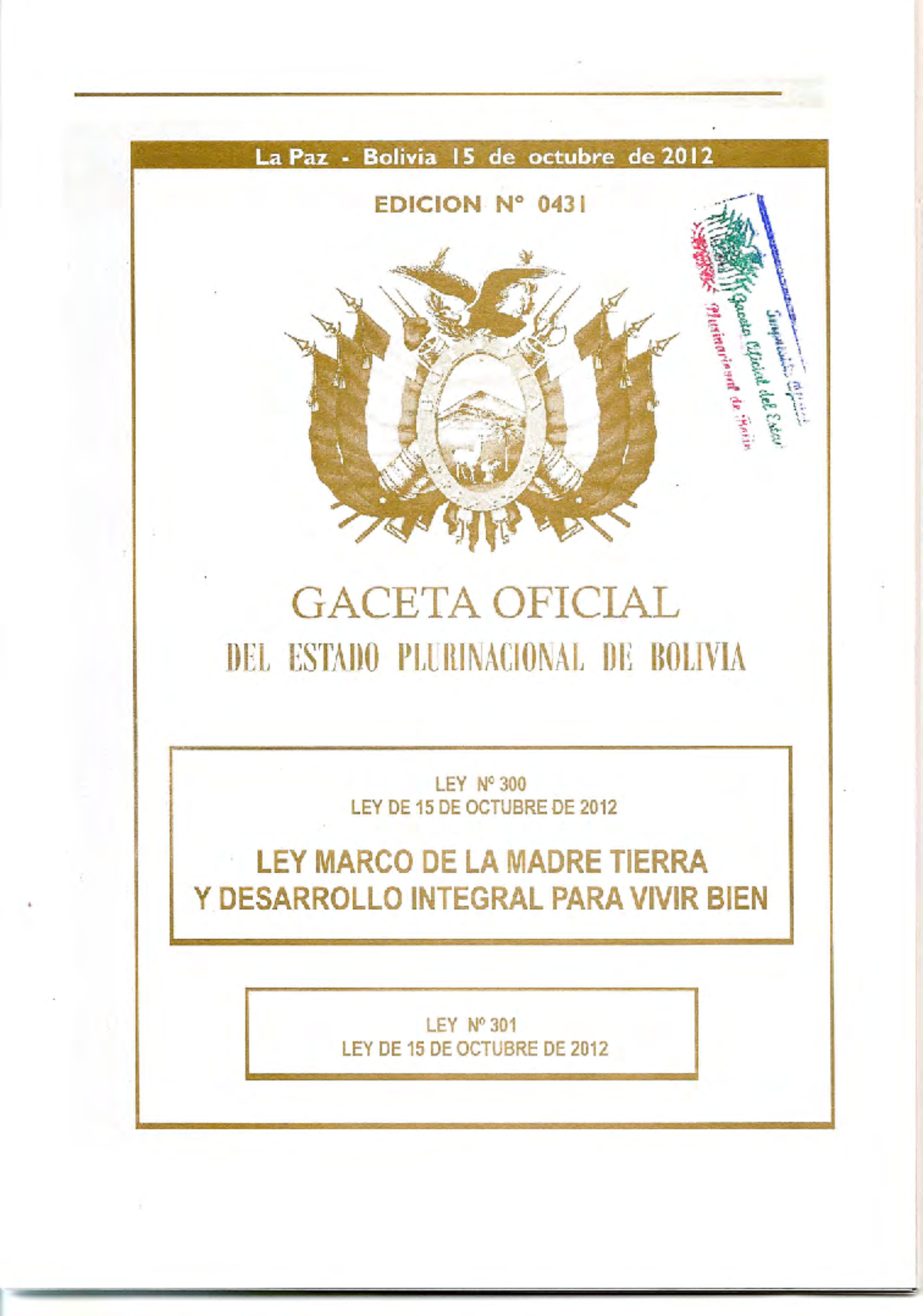 Ley N° 300 Marco DE LA Madre Tierra - GACETA OFICIAL IlELESTAHO ...
