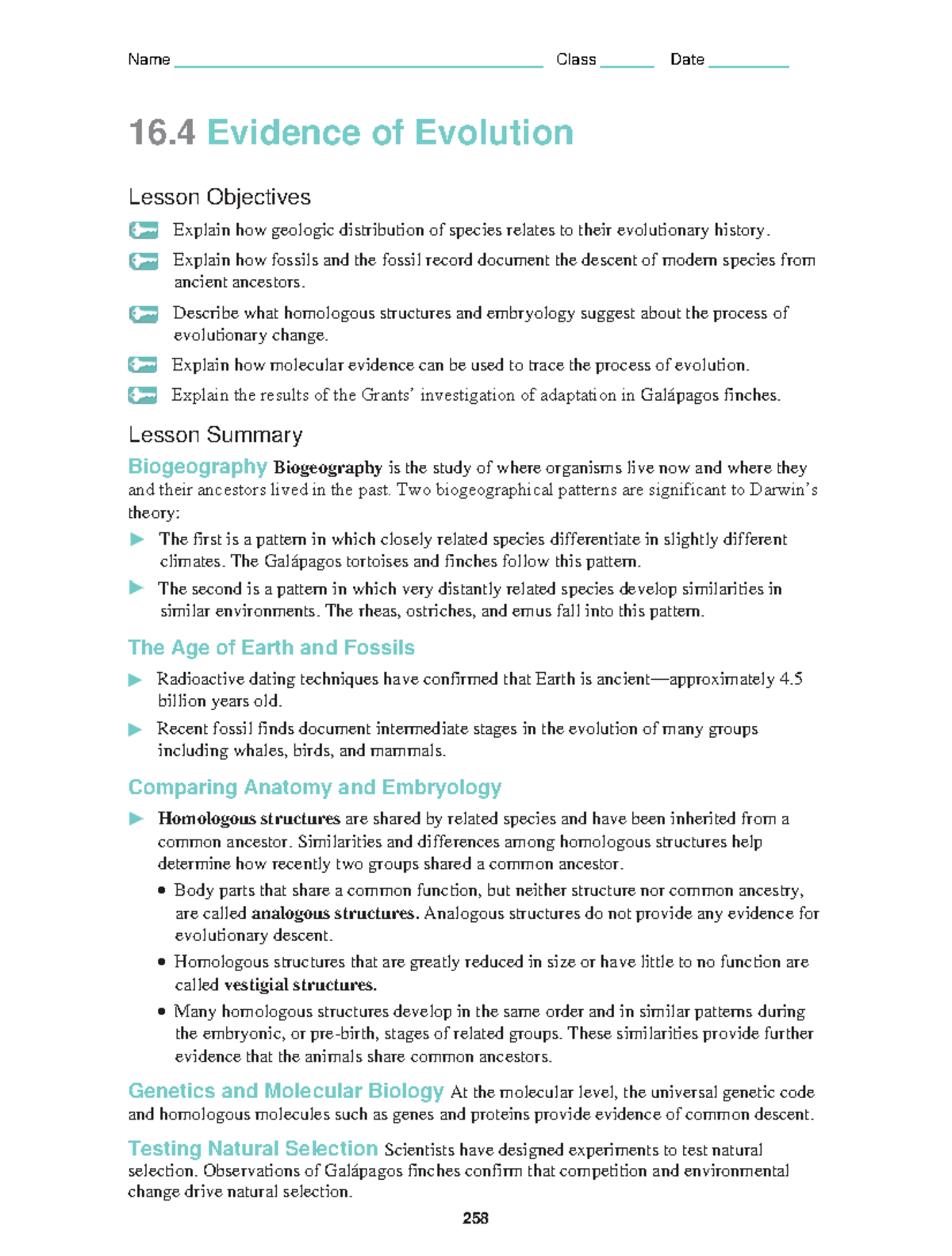 16_4-Evidence-for-Evolution worksheet.pdf - 16 Evidence of Evolution ...