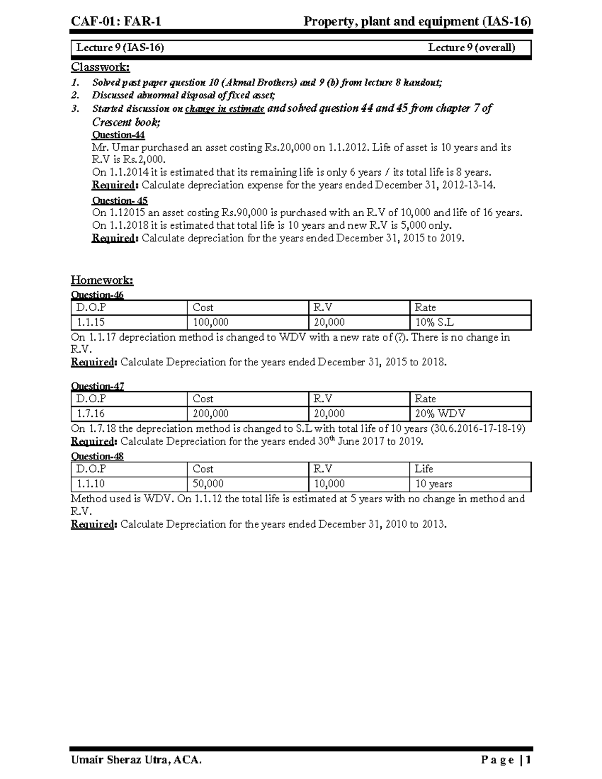Lecture 9-9 - CAF-01: FAR-1 Property, plant and equipment (IAS-16 ...