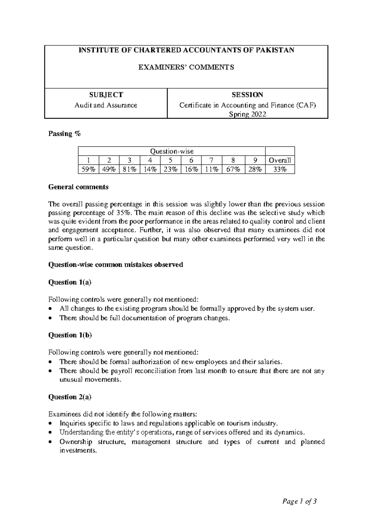 CAF 8 AA Spring 2022 - exam comments - Page 1 of 3 INSTITUTE OF ...