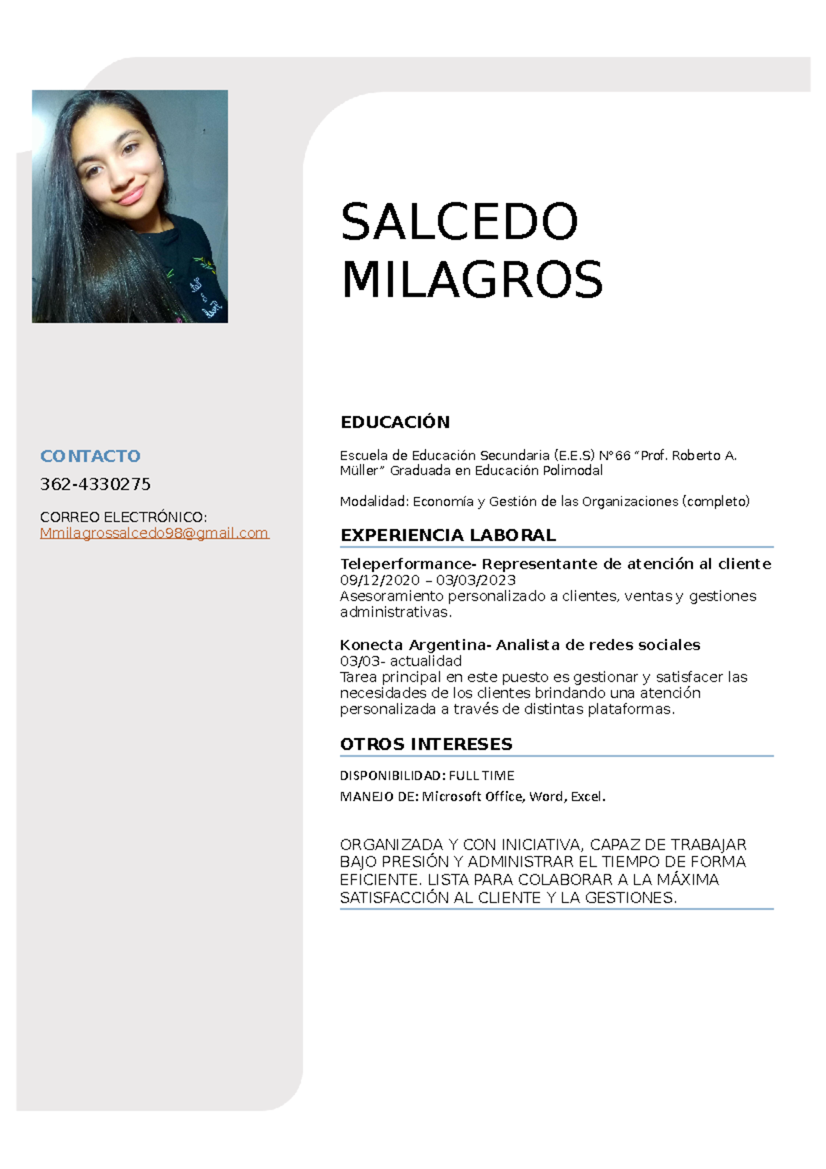 CV Salcedo Milagros - ttt - SALCEDO MILAGROS CONTACTO 362- CORREO ...