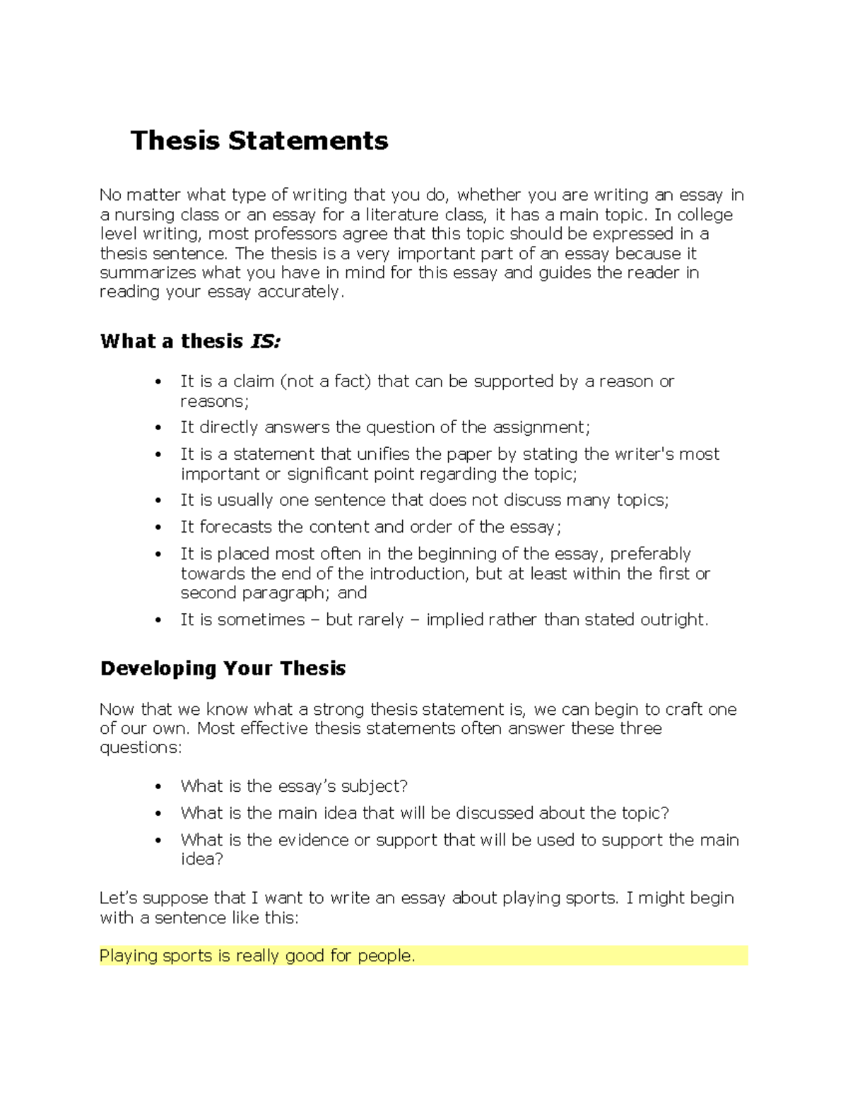 Thesis Statements - guide - Thesis Statements No matter what type of ...