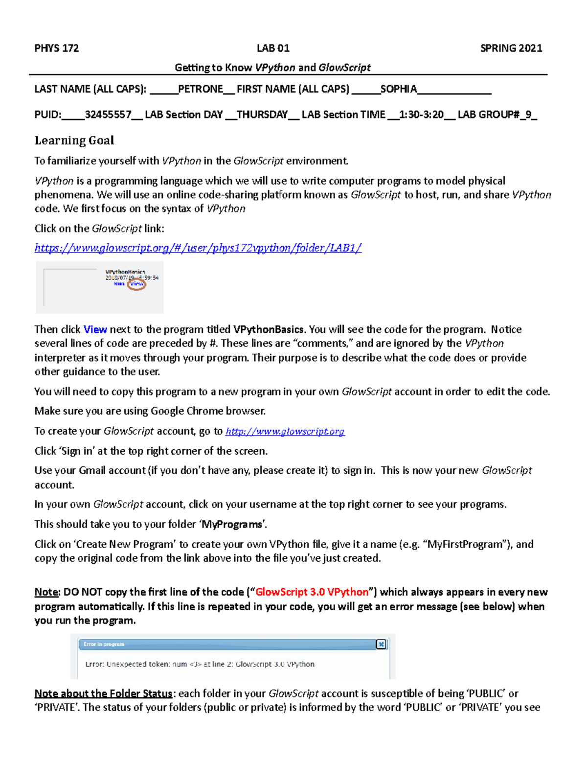 PHYS172D S21-Lab01-Final - PHYS 172 LAB 01 Getting to Know VPython and GlowScript SPRING 2021 ...