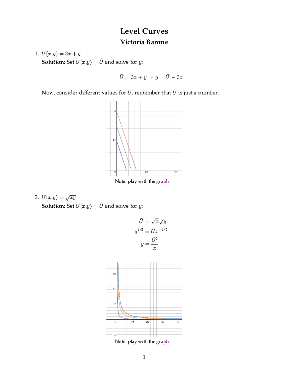 4 - math review - Level Curves Victoria Barone U (x,y) = 3x + y ...