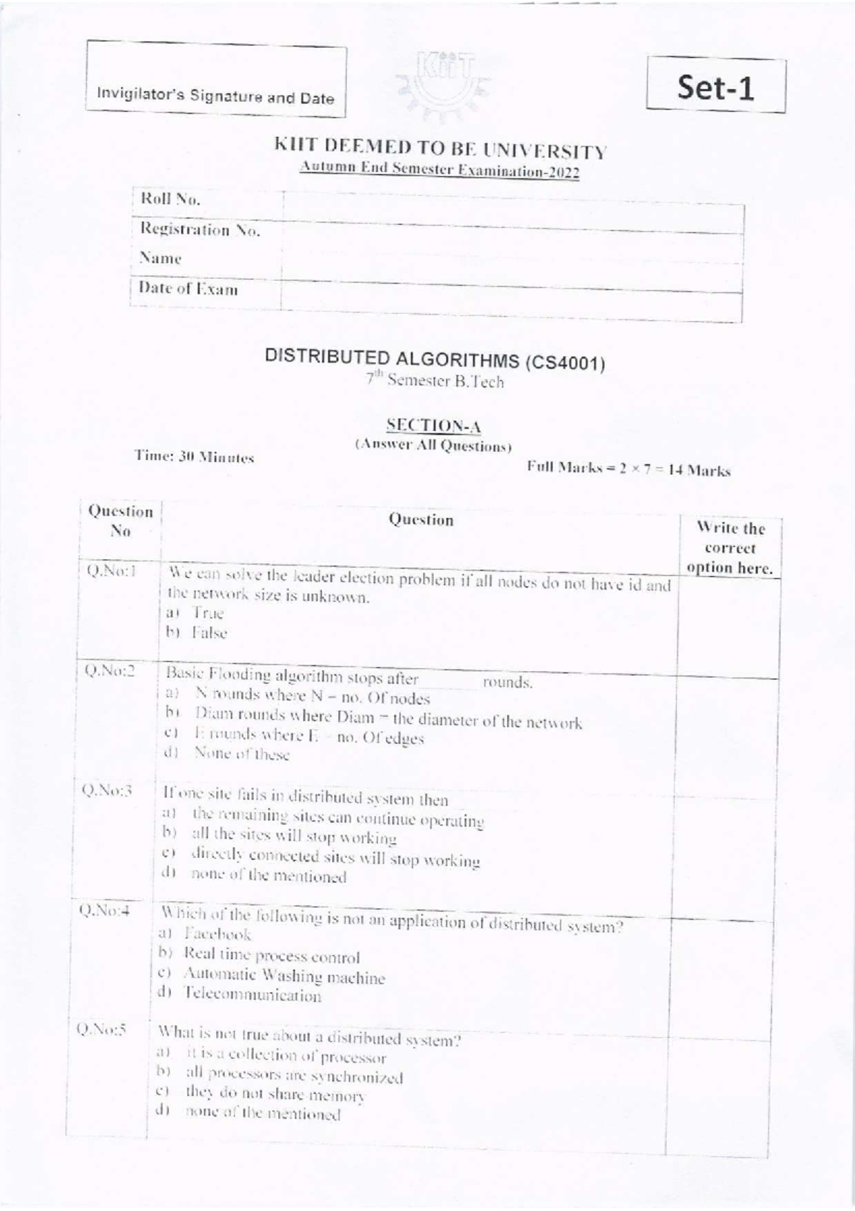 7th Semester , B. Tech, Distributed Algorithms, CS 4001, Autumn End Semester Examination 2022 ...