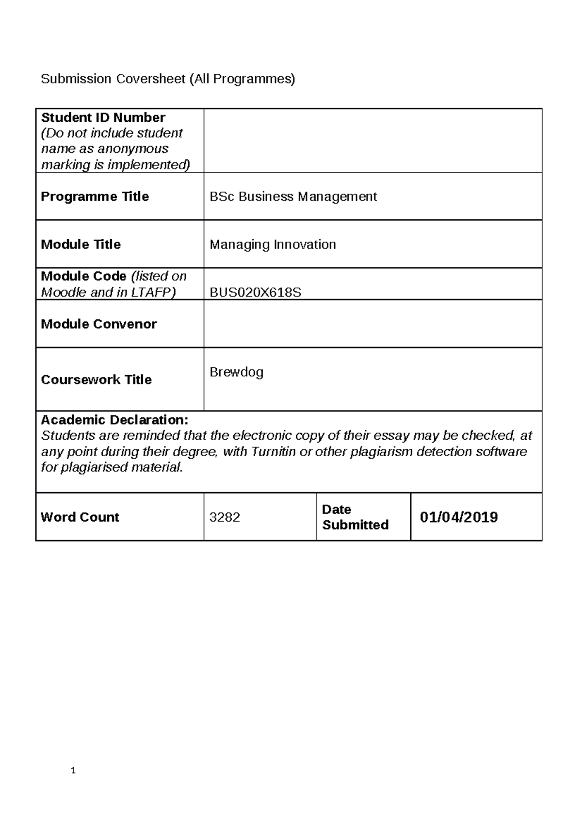 BUS020X618S Managing Innovation - Submission Coversheet (All Programmes ...