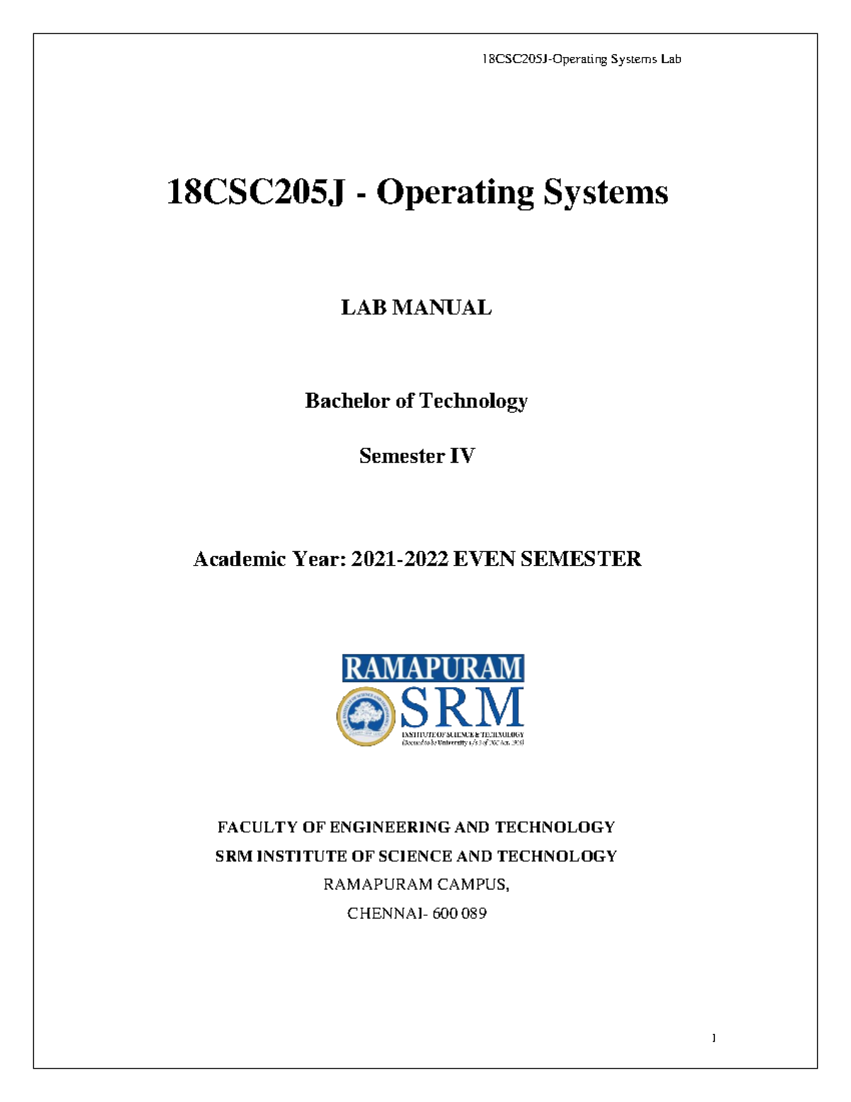 18CSC205J - OS - LAB Manual - 18CSC205J - Operating Systems LAB MANUAL Bachelor of Technology ...