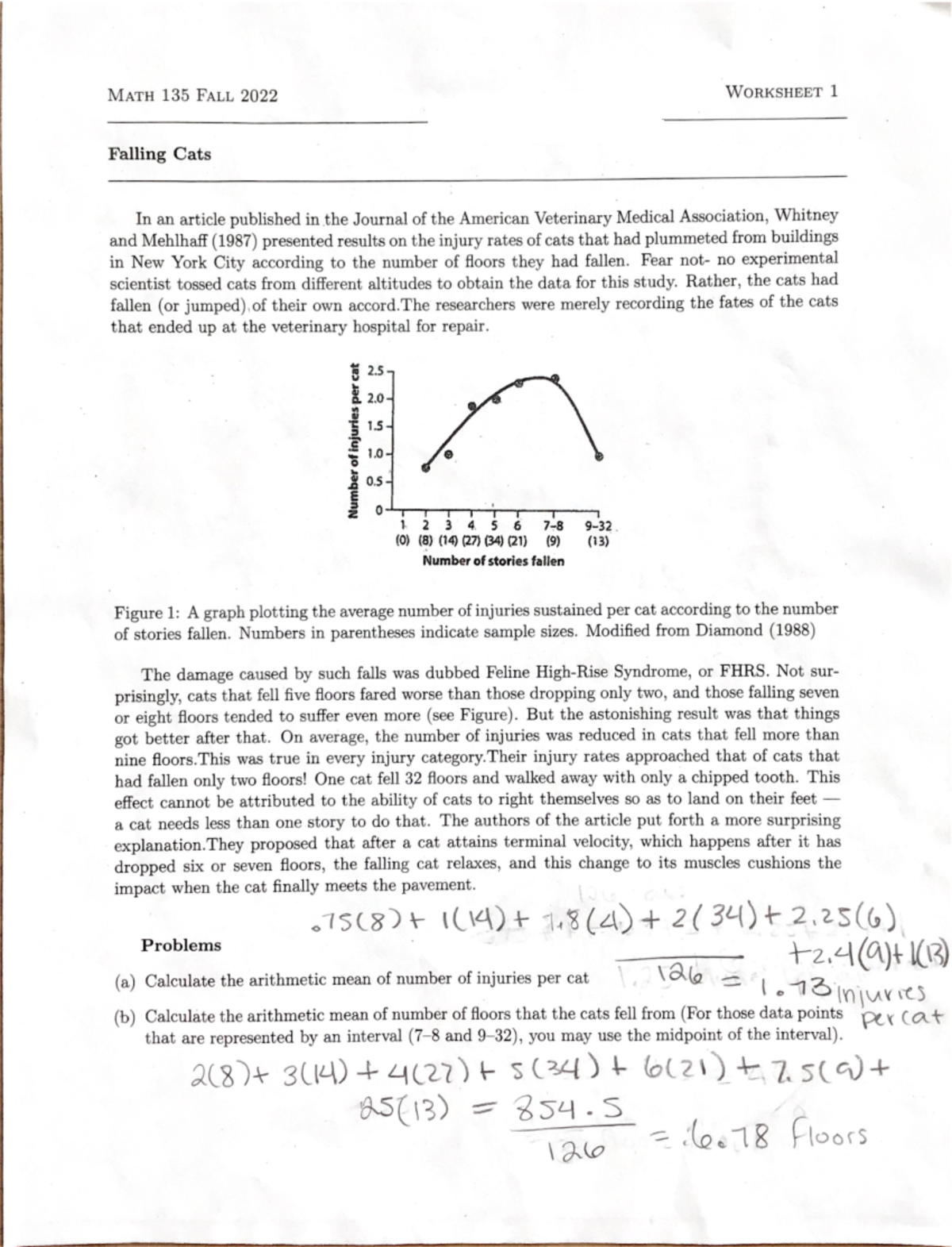 Bio homework WS 1 - MATH 135 FALL 2022 WORKSHEET 1 Falling Cats In an ...