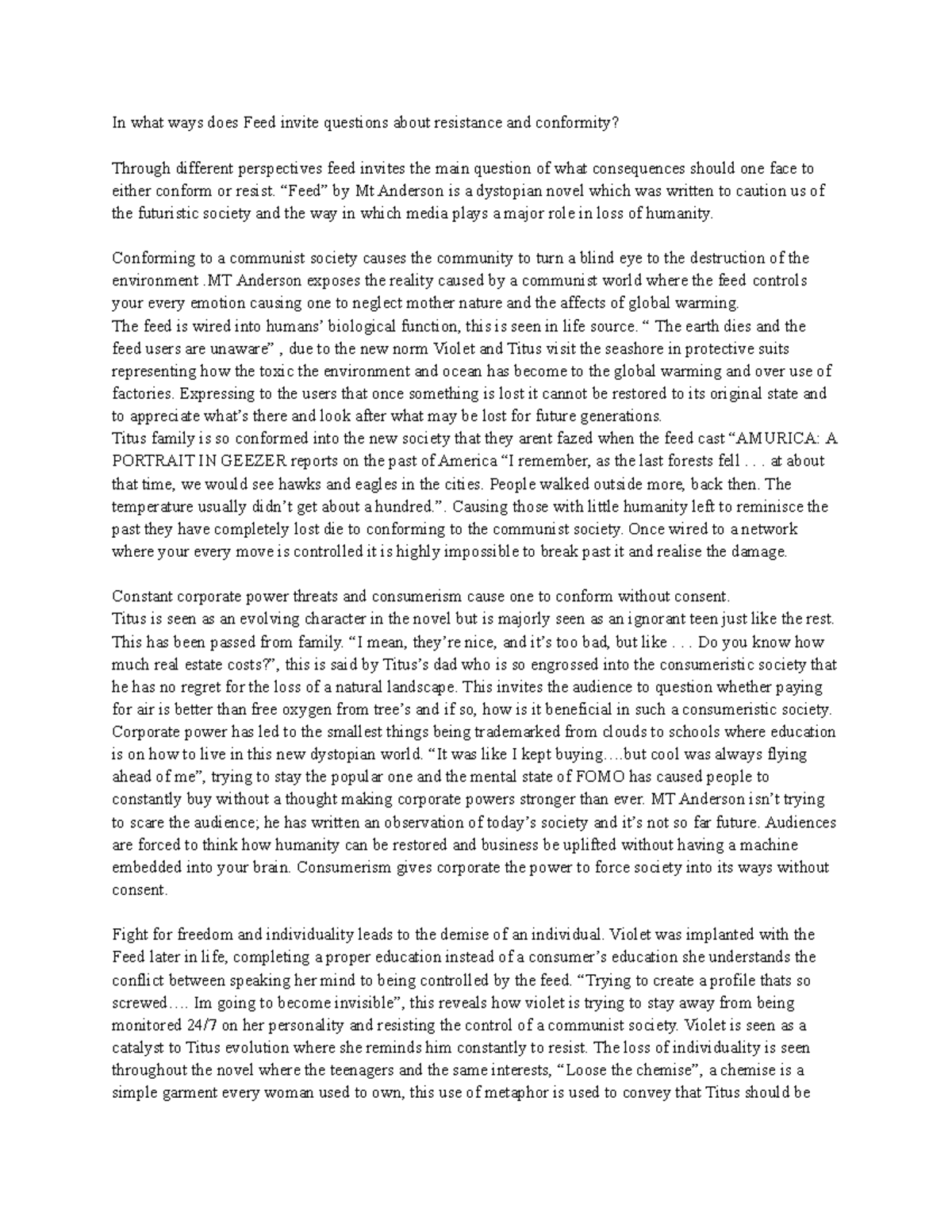 FEED essay - work - In what ways does Feed invite questions about ...