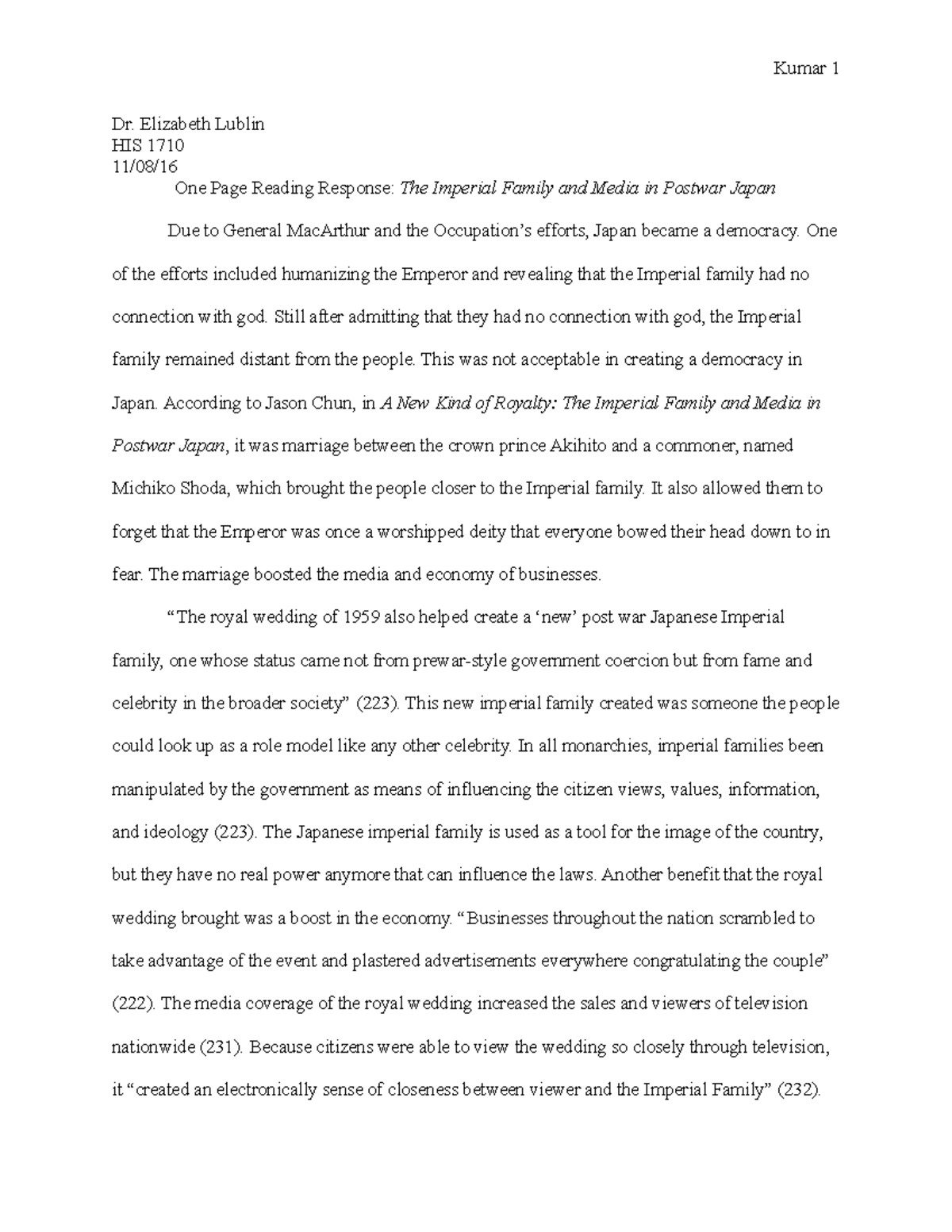 One page response #1 (9th option) - Kumar 1 Dr. Elizabeth Lublin HIS ...