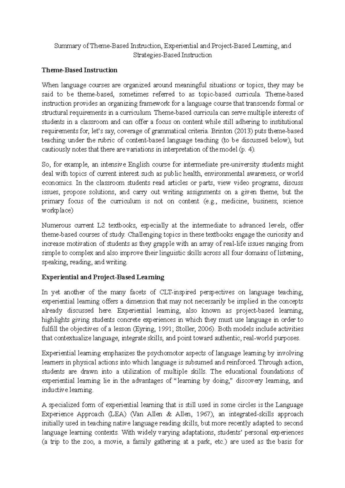 Summary of Theme-Based Instruction, Experiential and Project-Based ...