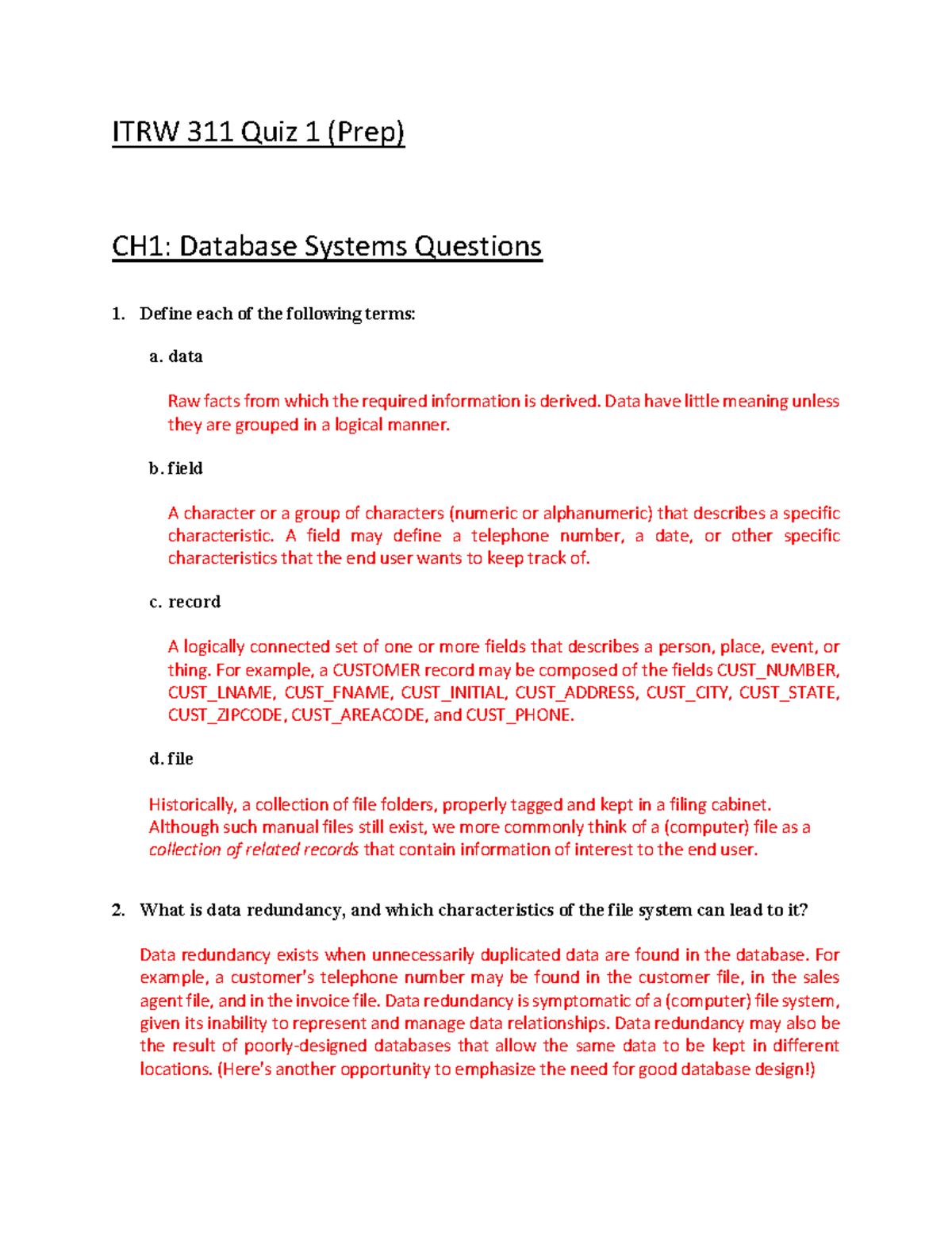 ITRW 311 Quiz 1 Theory - Practice Materials - ITRW 311 Quiz 1 (Prep) CH1: Database Systems ...